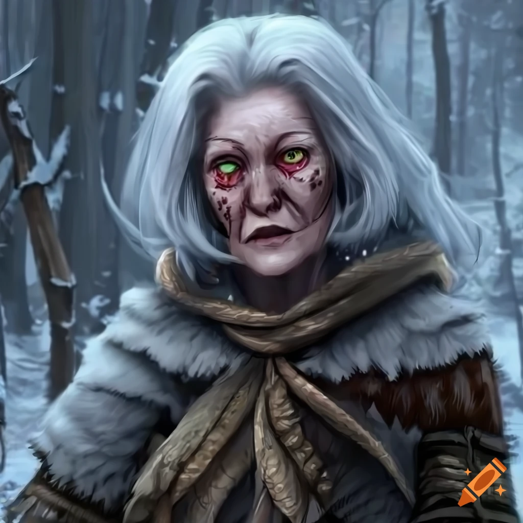 Hunter, snow, female, grey hair, scarred, buff, fantasy, ugly, forest ...