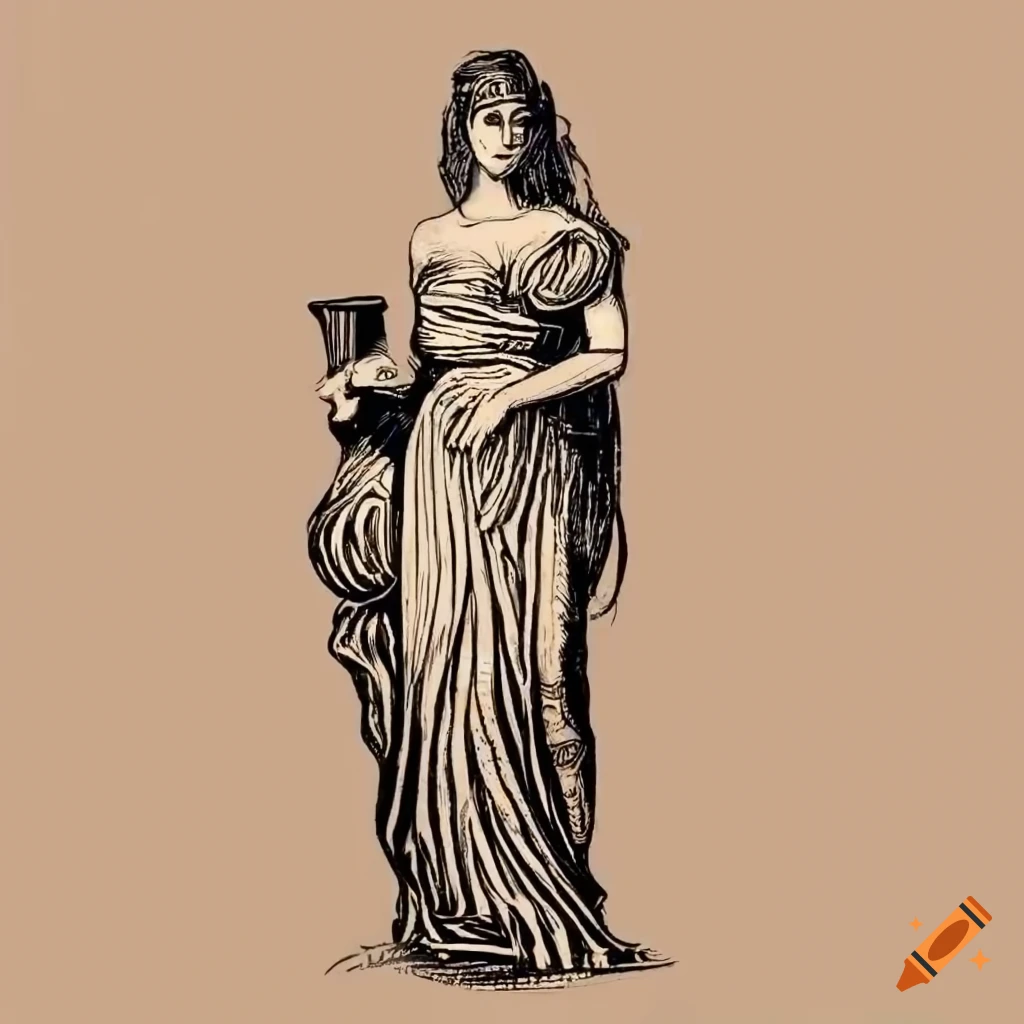 Full body image of a Greek woman holding amphora in woodcut style with ...