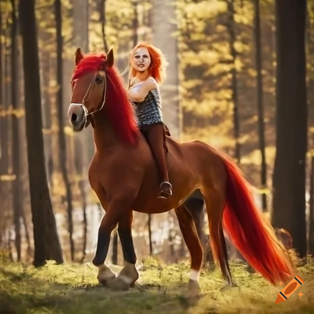 Happy woman with red hair riding a majestic red finnhorse in the forest