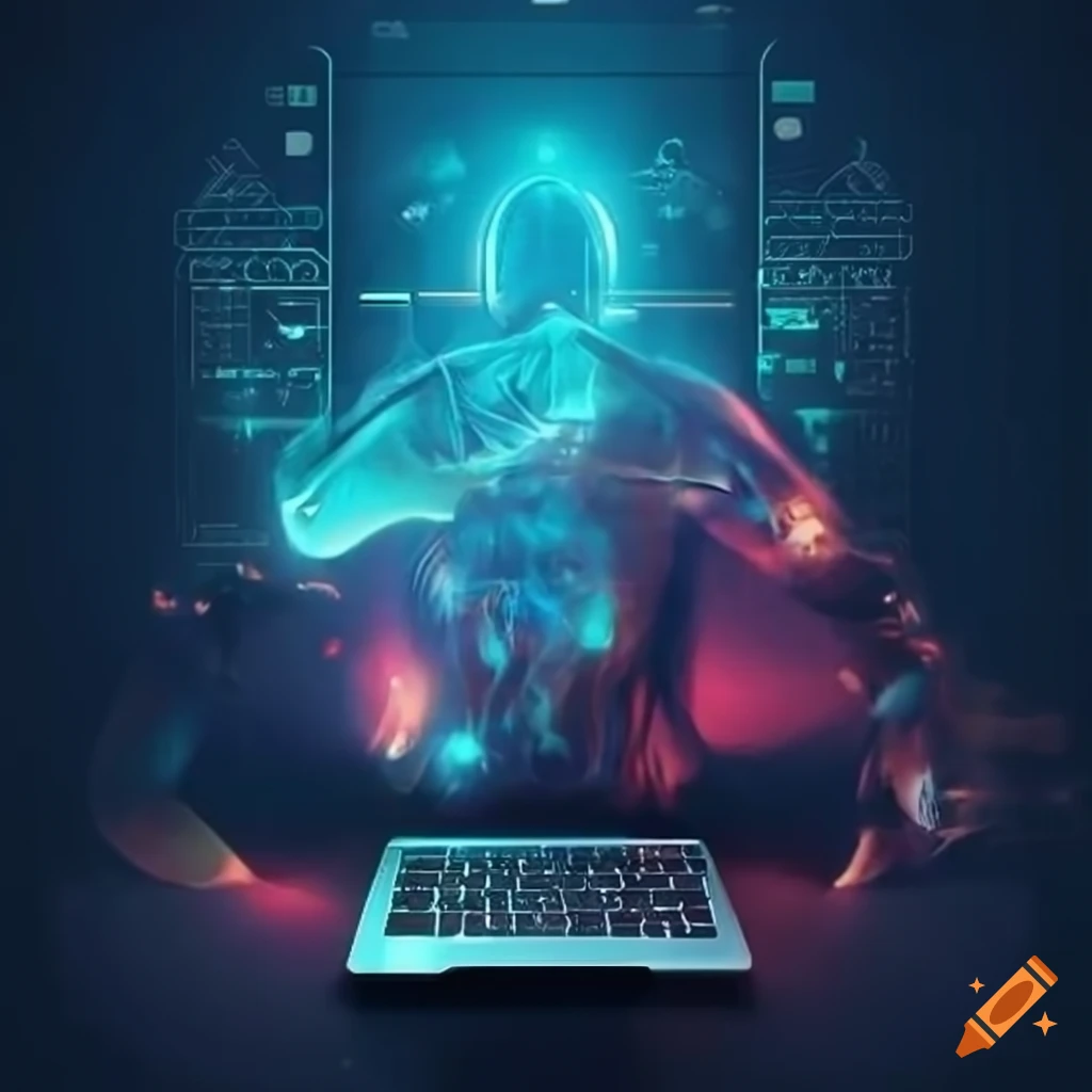 A futurist image with a laptop opening where the back continues like a ...