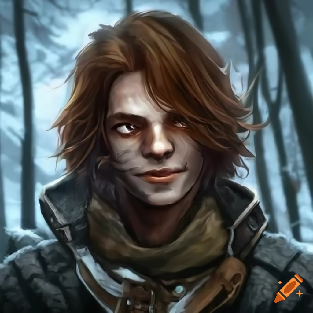 Hunter, snow, male, brown hair, smile, rogue, fantasy, ugly, forest ...