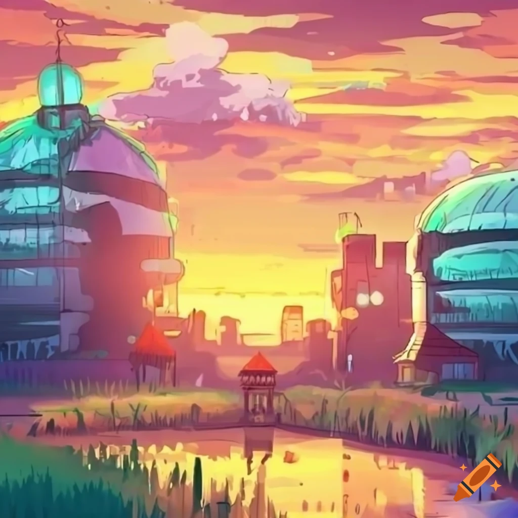 An Interesting futuristic Farm in Anime background drawing style on Craiyon