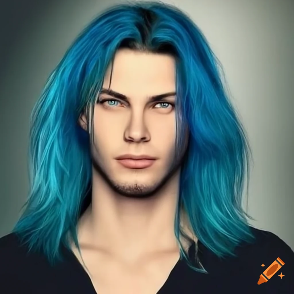 Handsome man with blue long hair