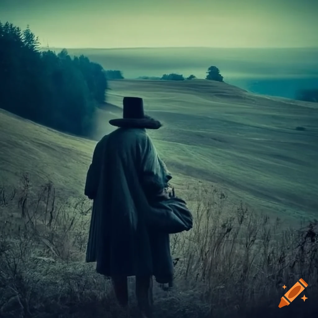 Dark vintage picture of a hill landscape and a vintage hobo