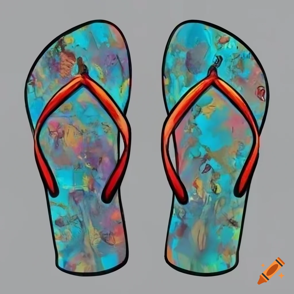 A pair of flip-flops, cubical art style, vivid hues, white background ...