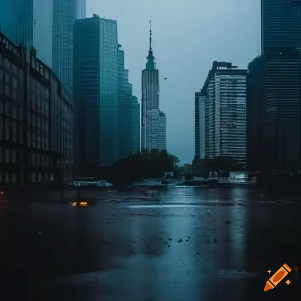 A gloomy cityscape with towering skyscrapers under heavy rain on Craiyon