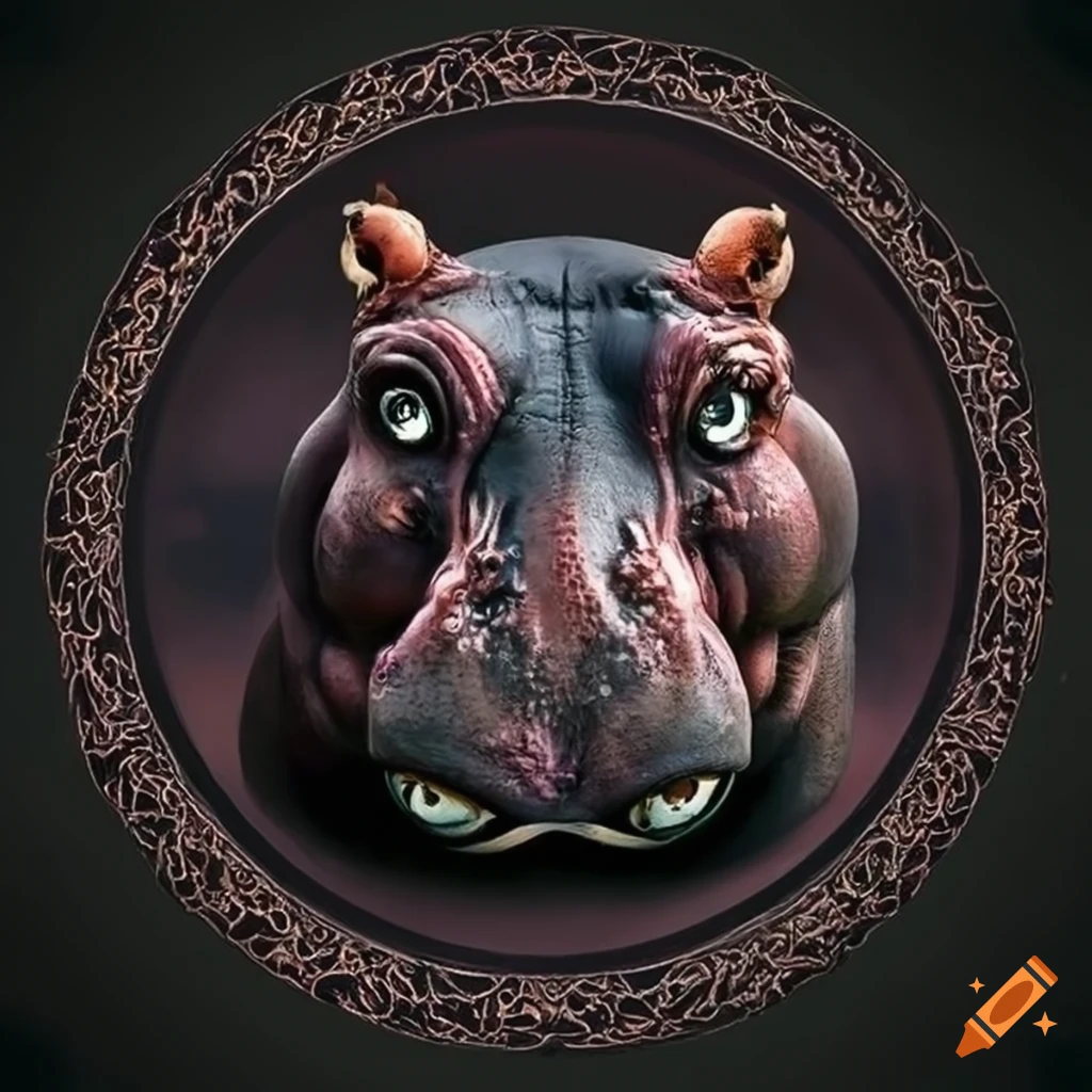 Mythical scary hippo with big eyes in a black circular surround on Craiyon