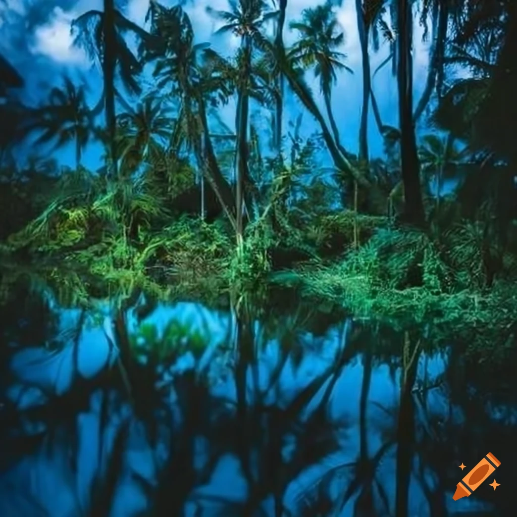 Tropical landscape in completely blue colors on Craiyon