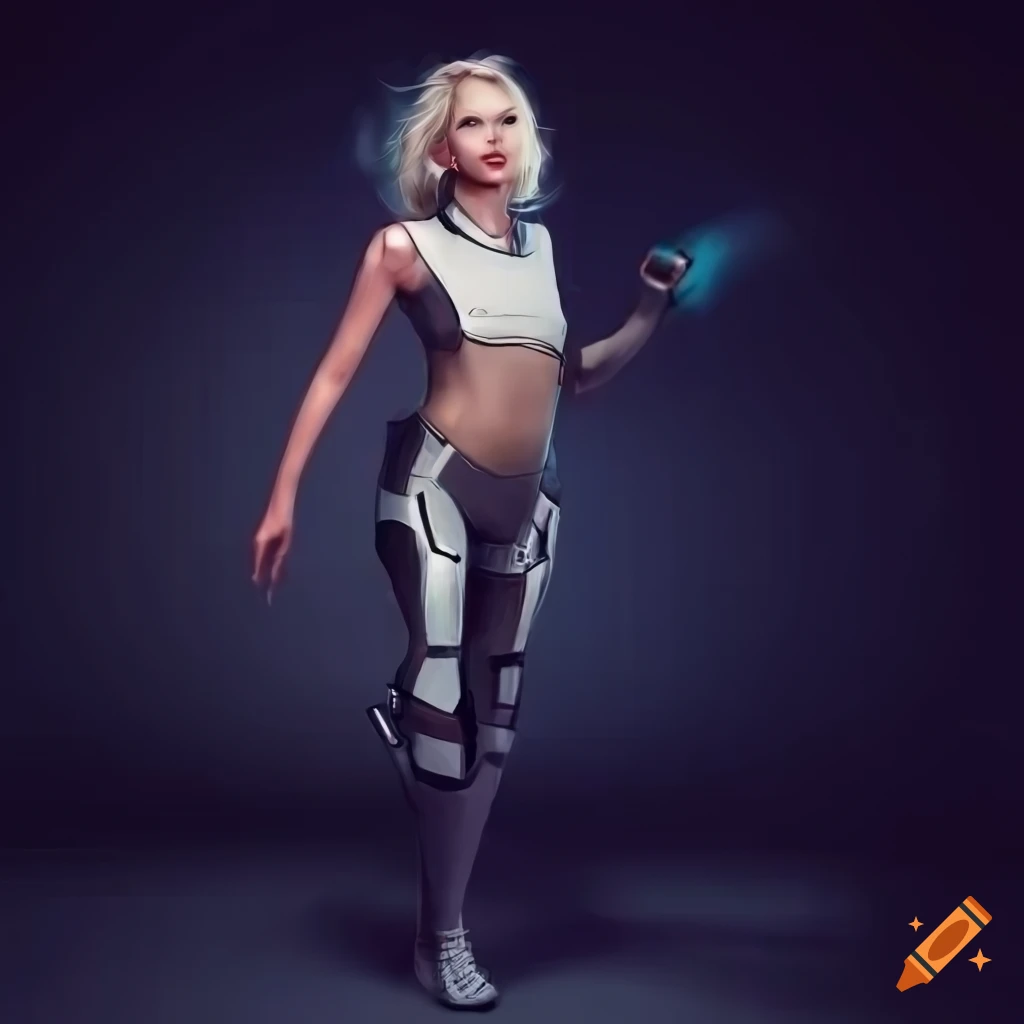 Futuristic girl wearing sci fi vest and leggings, with blonde hair