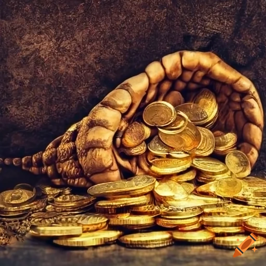 Cornucopia of money as a symbol of generosity success luck wealth, with ...