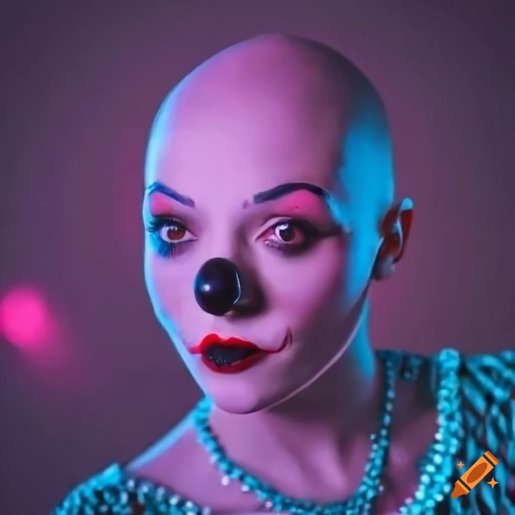 Mime bald girls with black clown nose in a elegant party on a cathedral ...