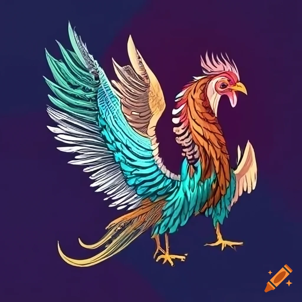 A mythical chicken with multiple heads and wings and feathered scales ...