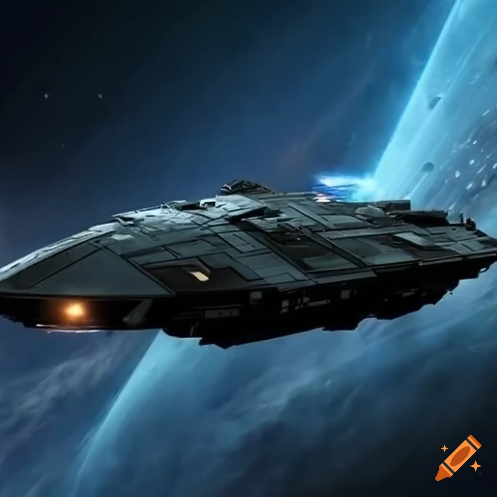 A massive military starship with an imposing and rugged design on Craiyon