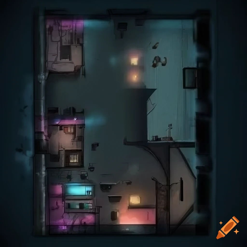 Create a top view map for ttrpg cyberpunkred. it should be an empty ...