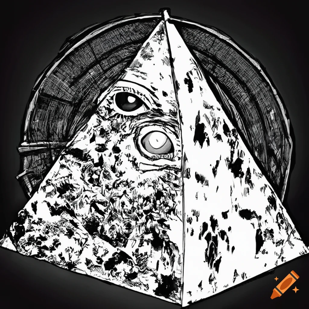Manga-style a pyramid with an eye with anime character in black & white ...