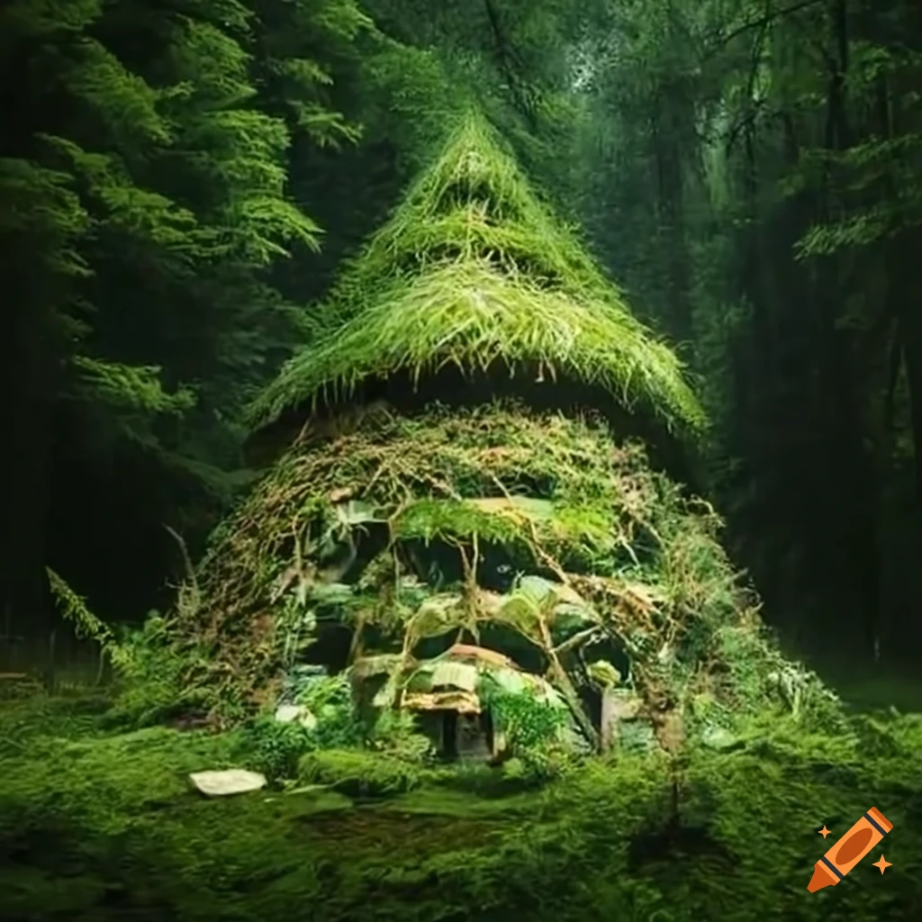 Building made of plants in forest on Craiyon