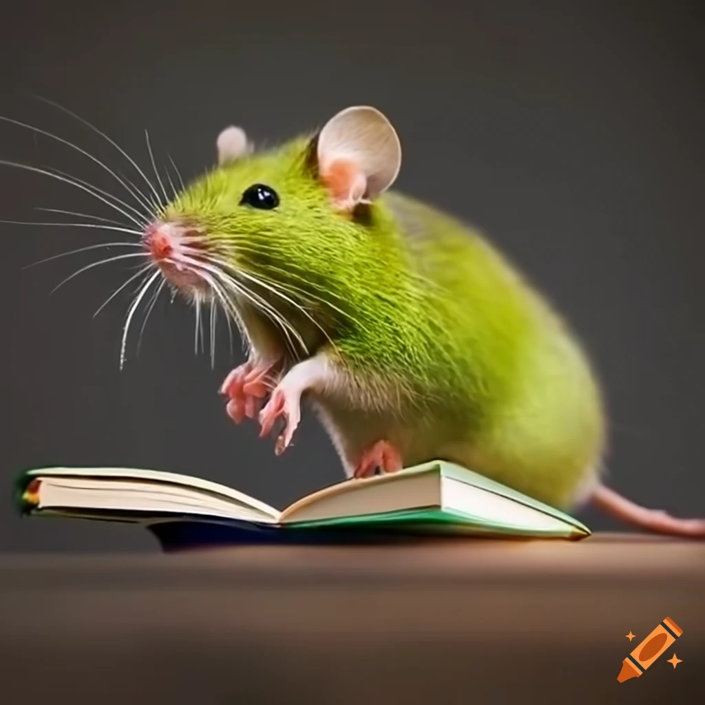 Green mouse holding a book
