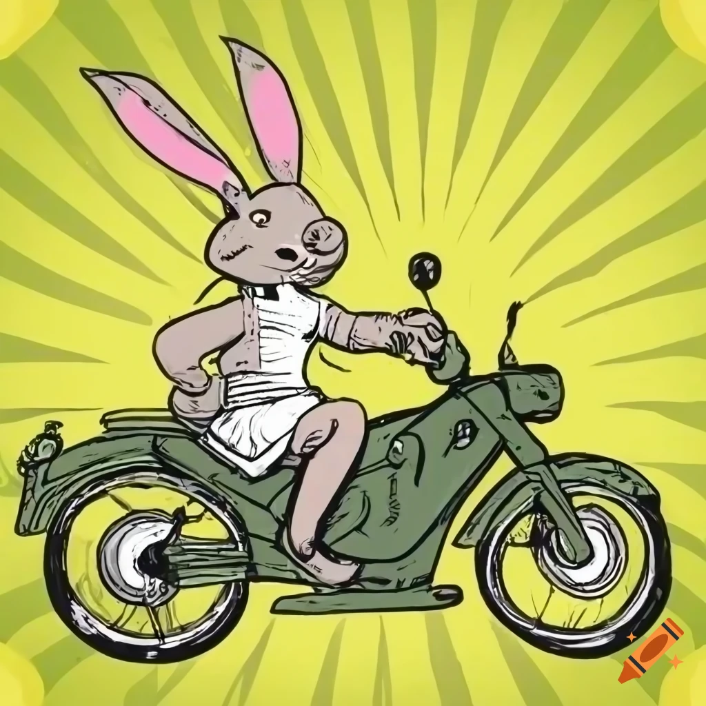 Comic-style artwork of a rabbit riding a motorcycle with a humanoid ...