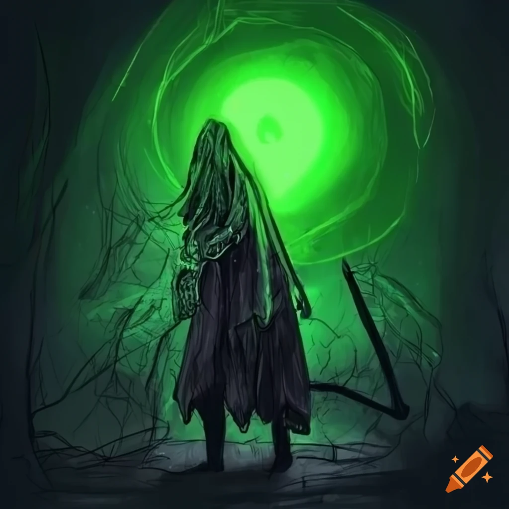 An inky black void with glowing green wireframes depicting a fantasy ...