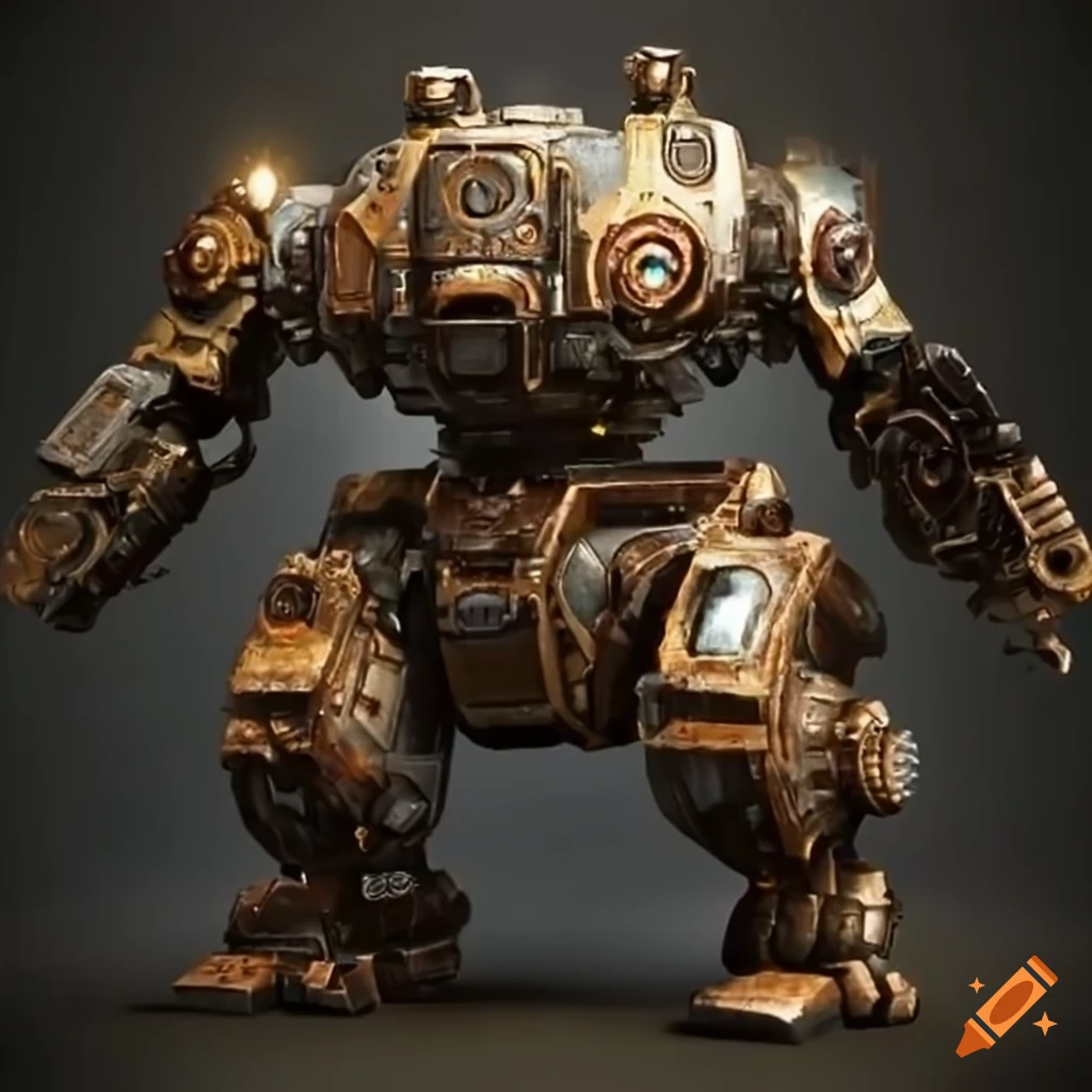 Steampunk-inspired mech with advanced energy source, ready for battle