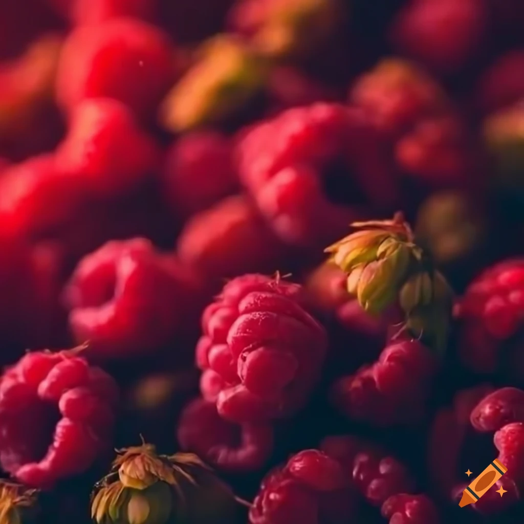 Lots of neon red biomechanical raspberries eating hops in the countryside on Craiyon