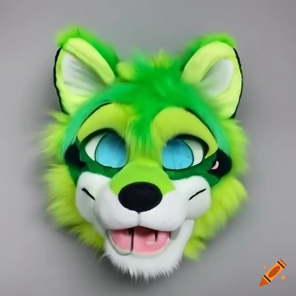 Lime colored fursuit head, front profile