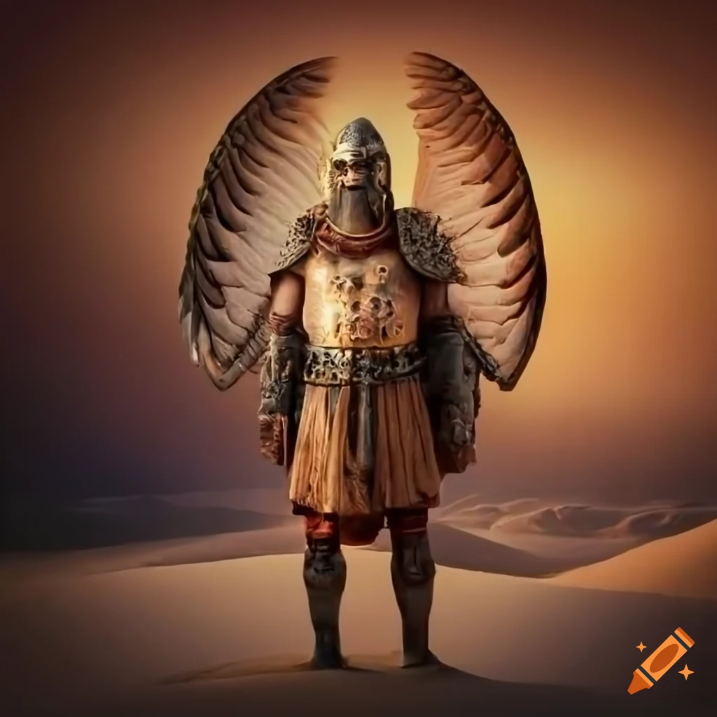 Ancient warrior with four faces, four wings and bronze skin standing ...