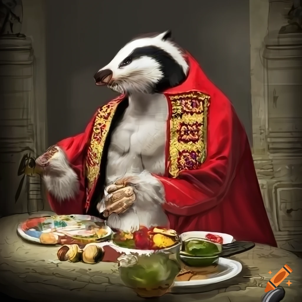 A fat bloated gluttonous anthro badger king wearing a royal coat with ...