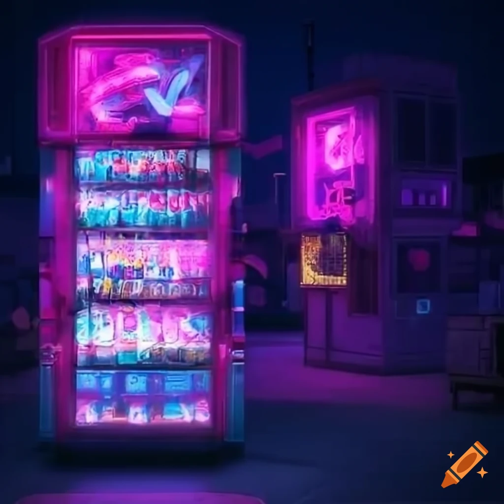 Cyberpunk-themed outdoor vending machine park, key anime visual