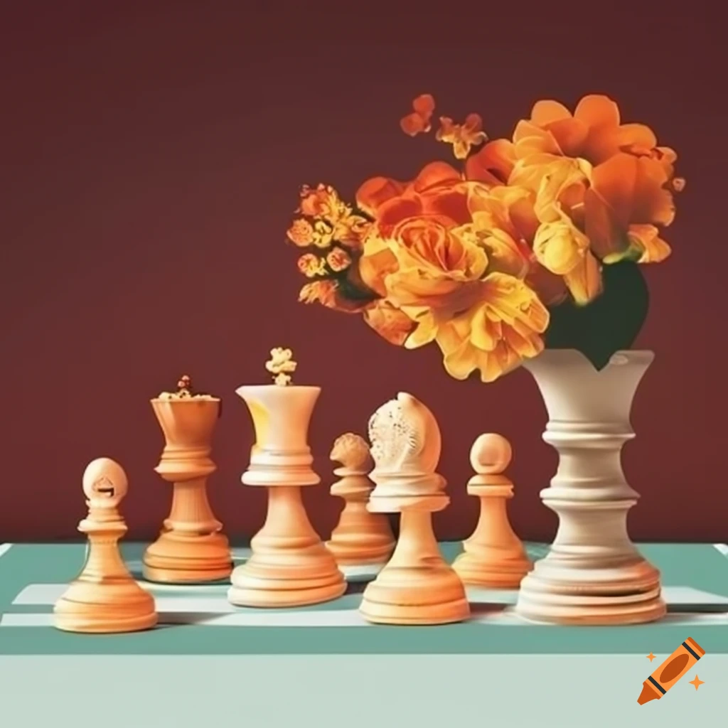 Chessboard with vibrant flowers, evoking a serene atmosphere on Craiyon
