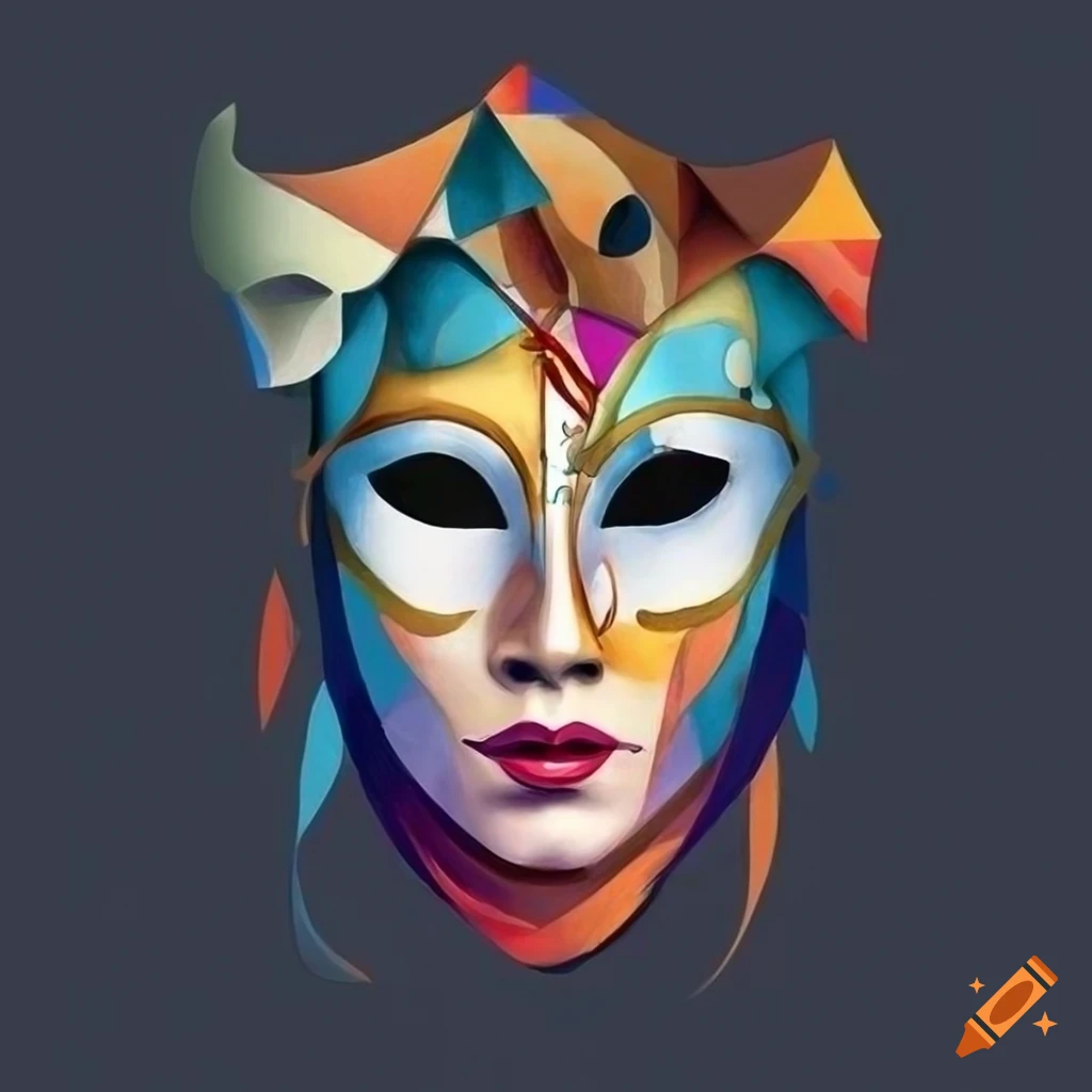 Venetian mask, cubism art style, as t-shirt motive, cubism art on Craiyon