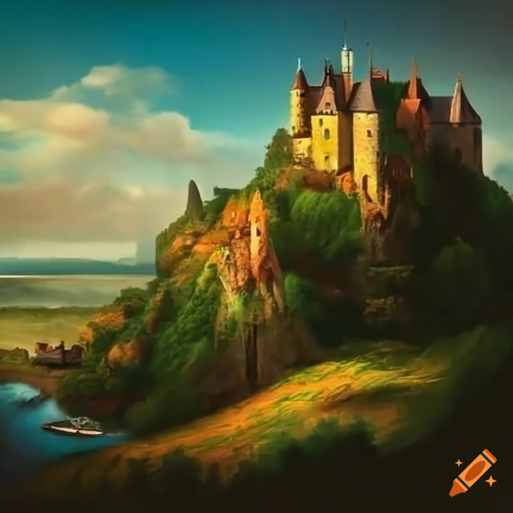 A castle on top of a hill with a cliffside that overlooks a river with ...