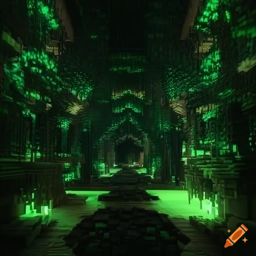 Black void with a green wireframe of a voxelated jungle village