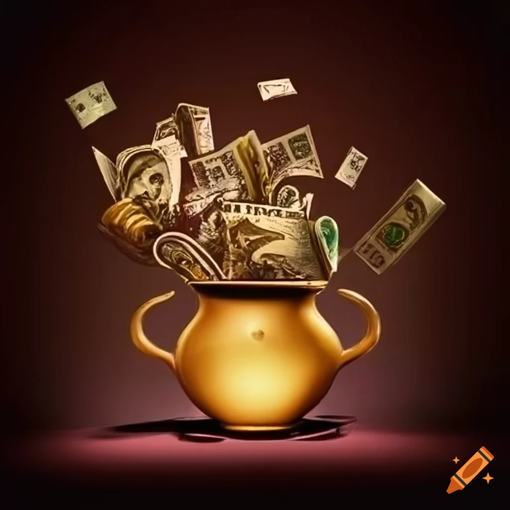 A pot overflowing with currency symbolizing abundance and prosperity