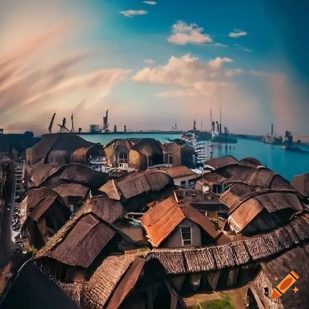 Aerial view of port town with circular, thatched-roof huts, fantasy ...
