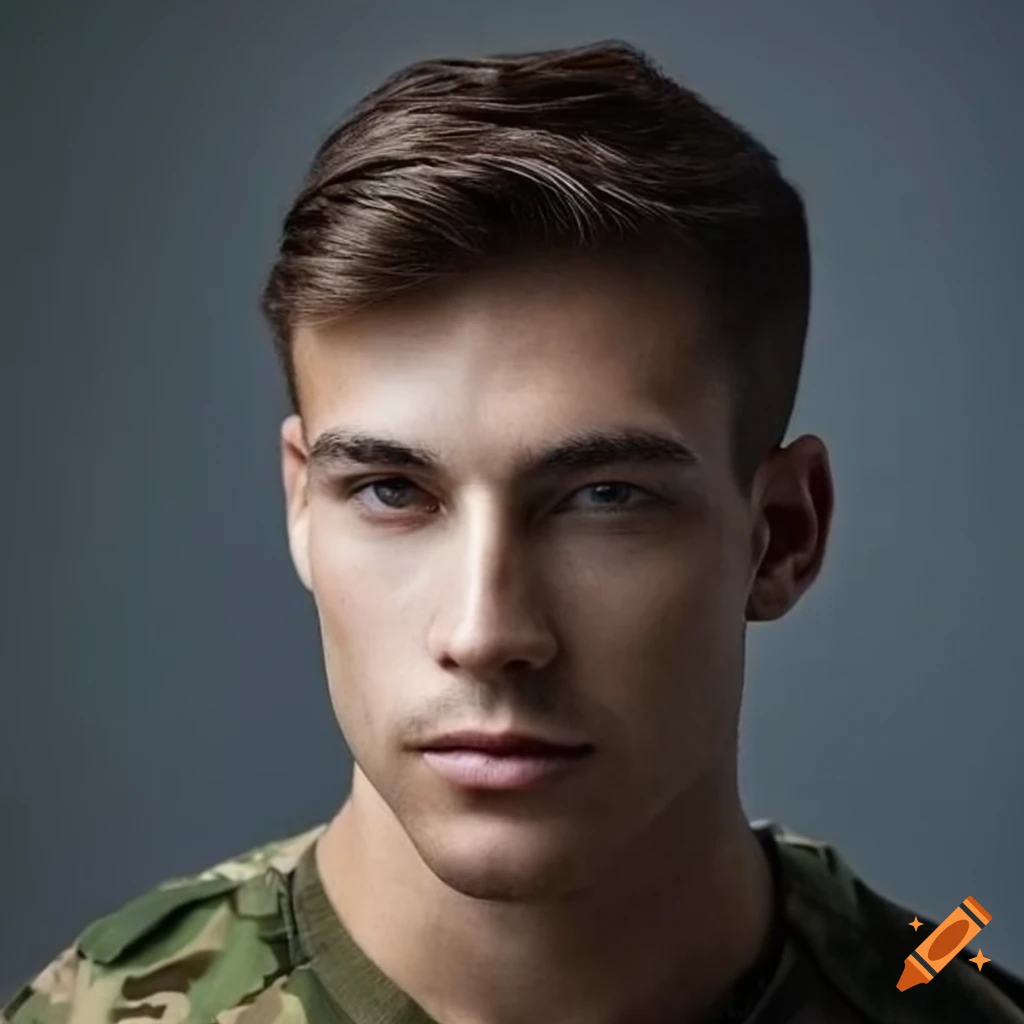 Photo face of a men with rough facial features, strong chin, in military camouflage on Craiyon