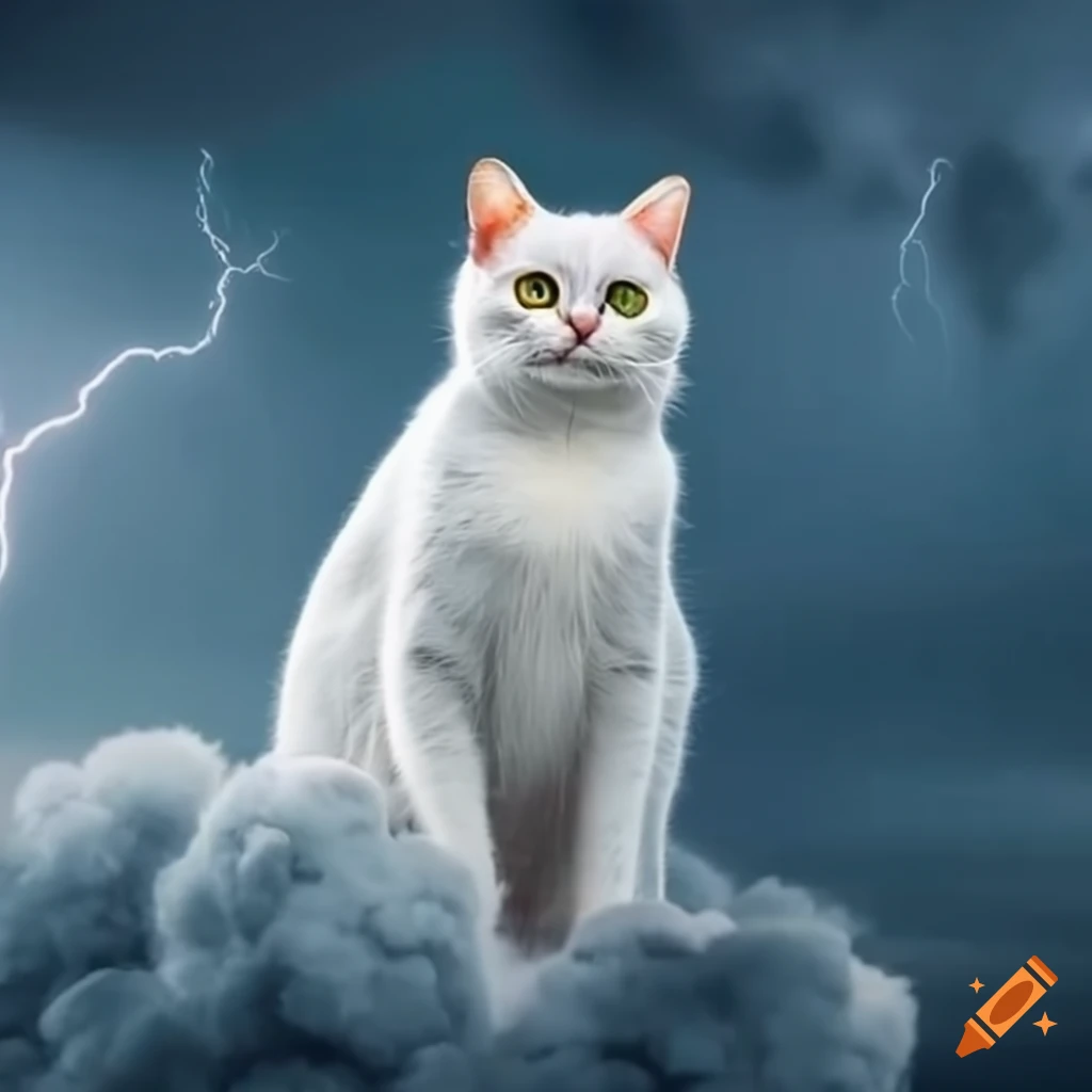A white cat in the clouds with hands up against thunder or lightning on ...