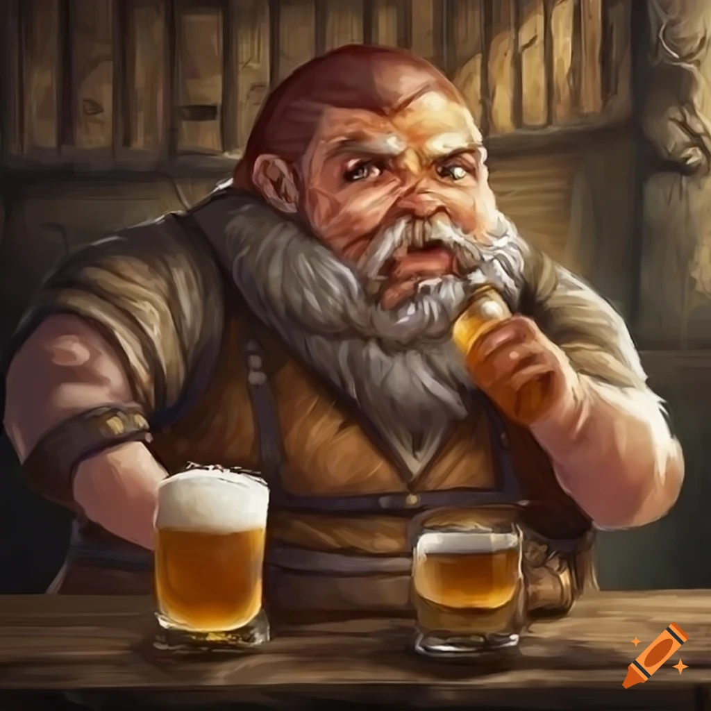 A chubby dwarf drinking beer in a medieval tavern (rpg theme)