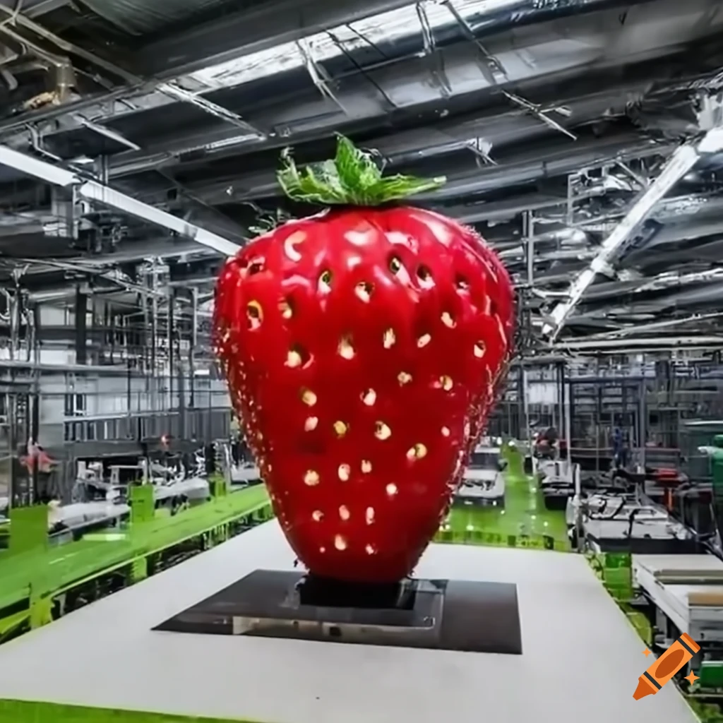 Robots building a monumental strawberry monument in a high-tech factory ...