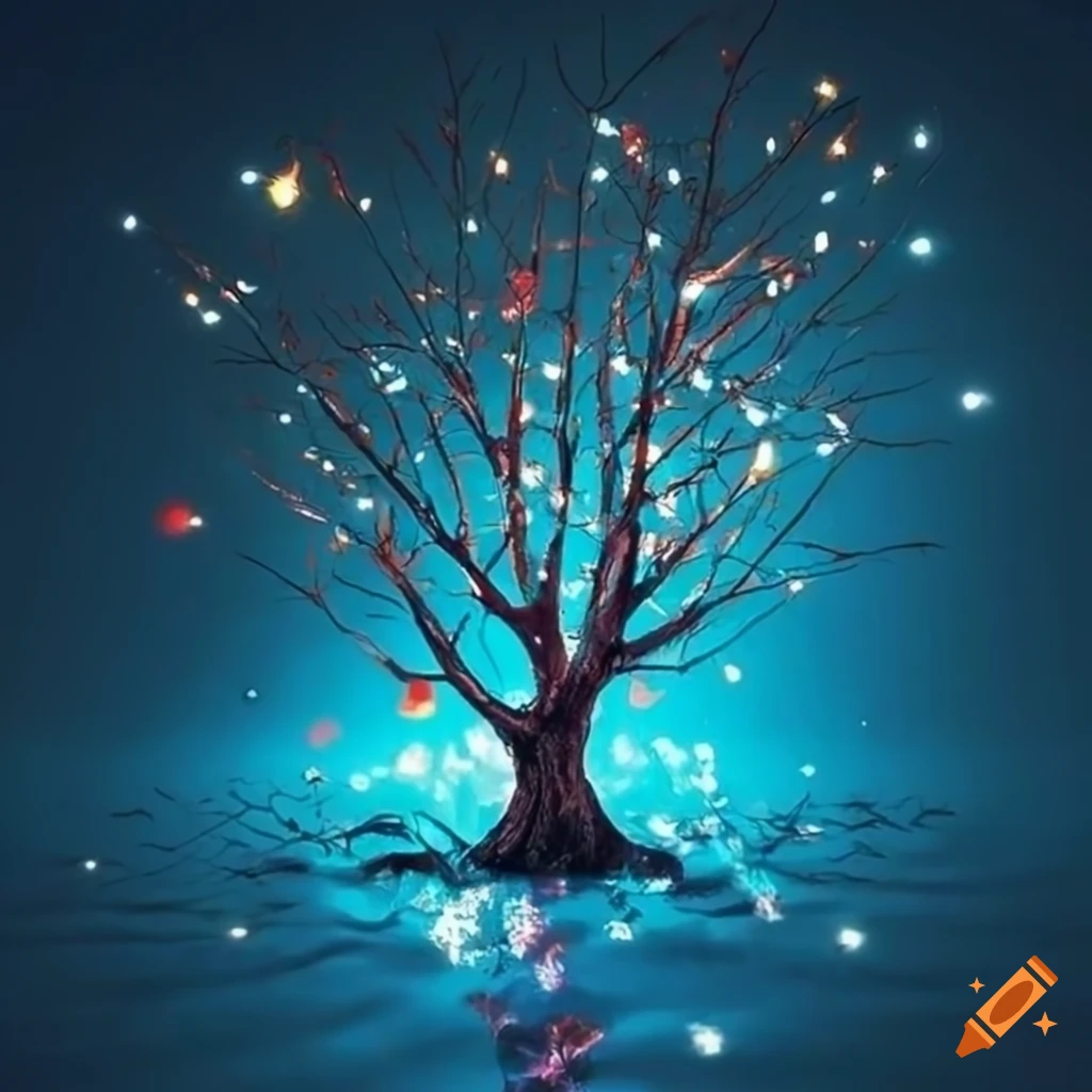 A tree floating in air. the leaves are full of lights . sky in background