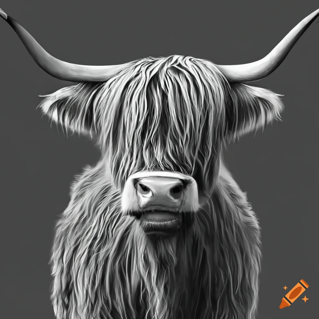 Black and white stylish representation of a Highland cow in abstract ...