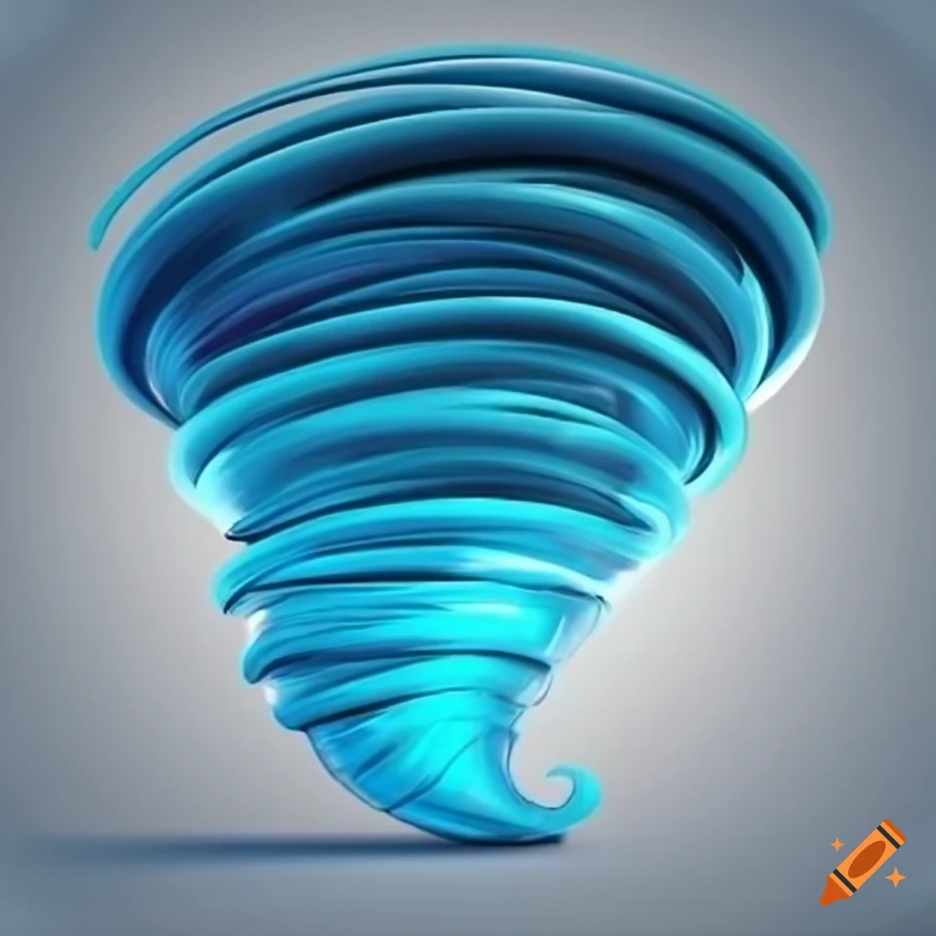 A big bright blue tornado on a white background in a cartoon rendering ...