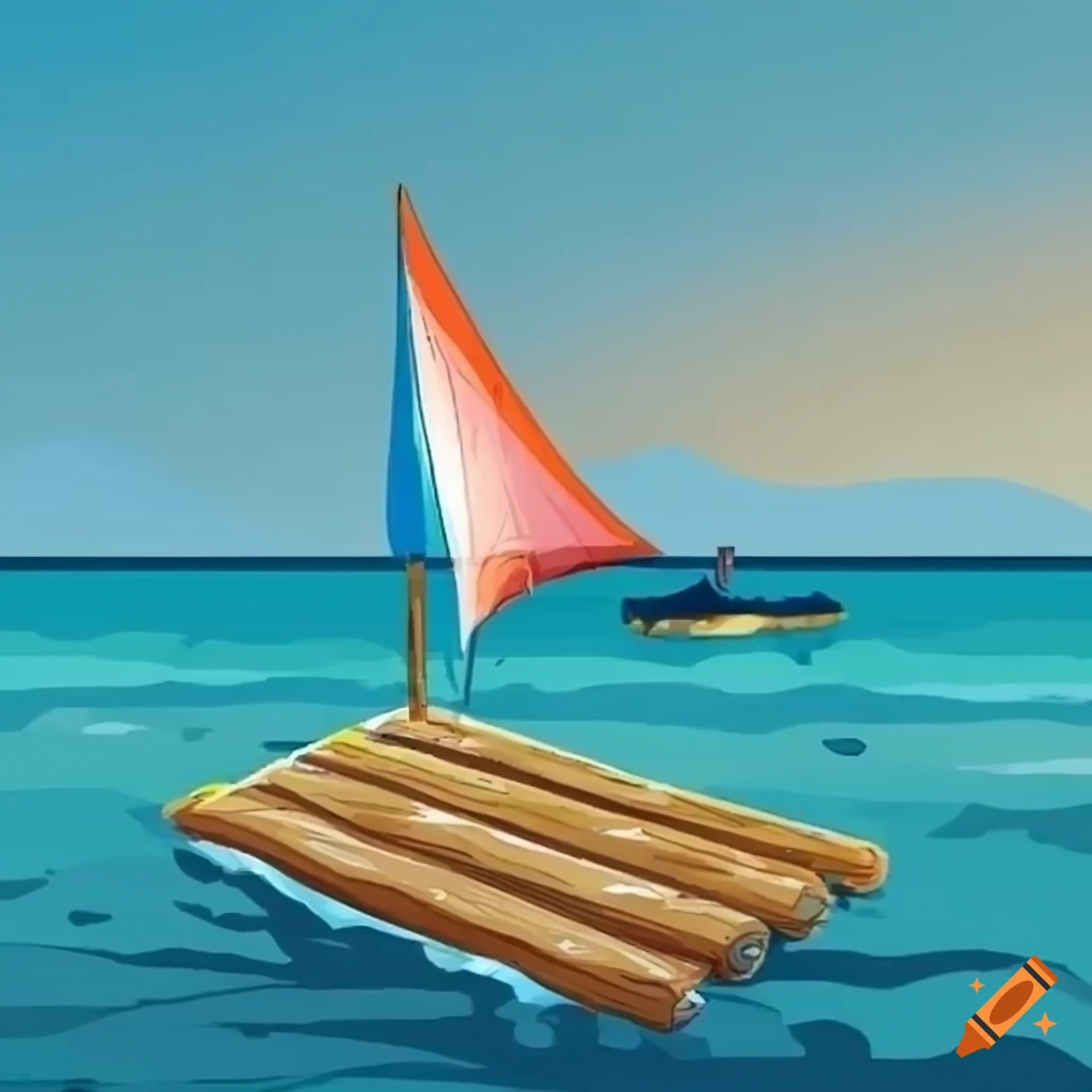 A wooden plank raft with a sail on a beach in a cartoon rendering