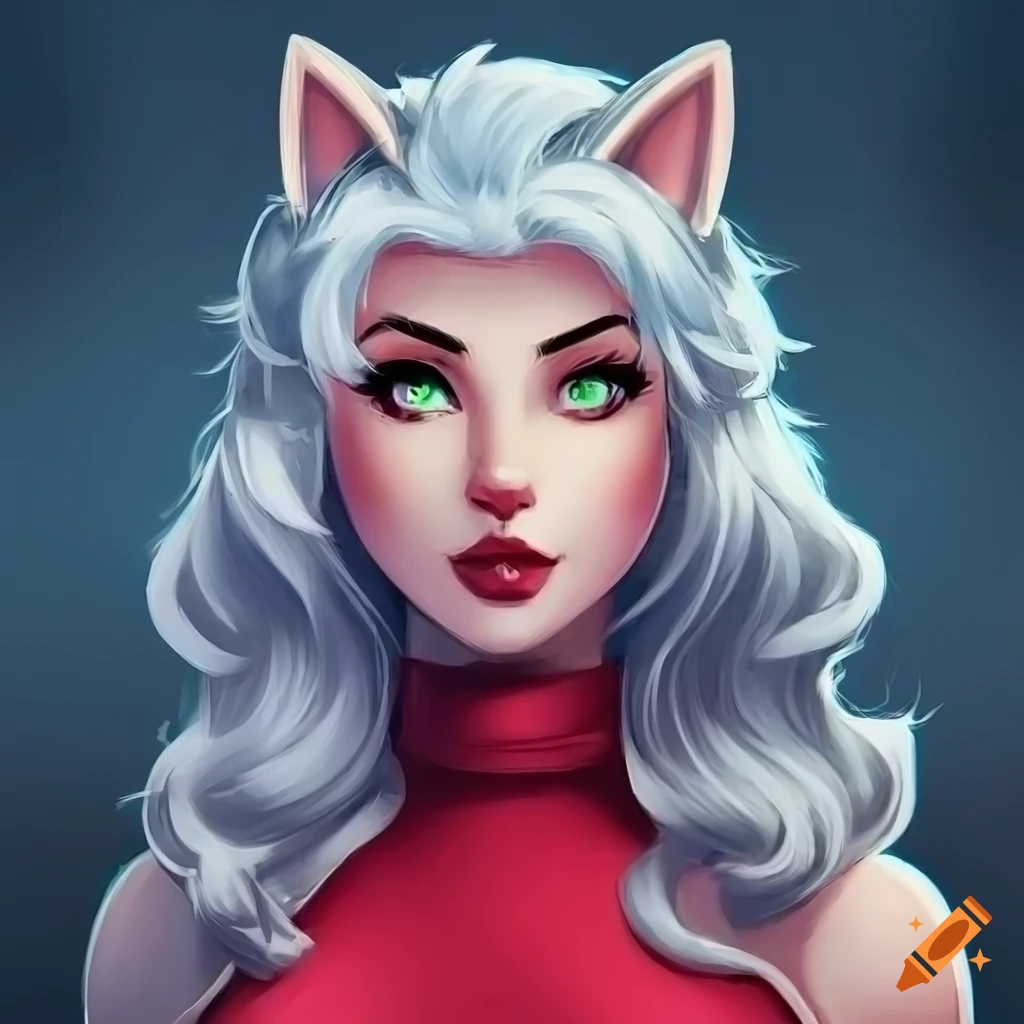 Portrait of mid body of cuttest cat furry girl with white wavy long ...