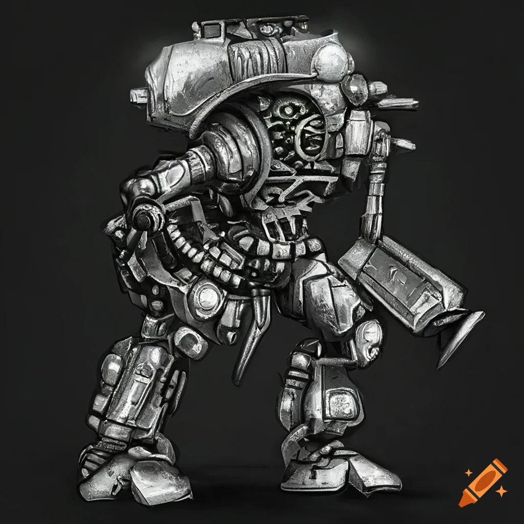 Steampunk war robot with weapon spiky hammer made from copper and brass