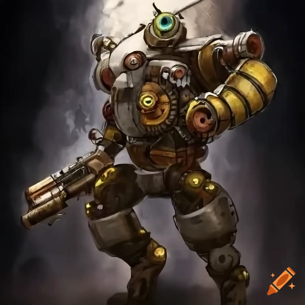 Steampunk chunky robot guard with tesla weapon on Craiyon