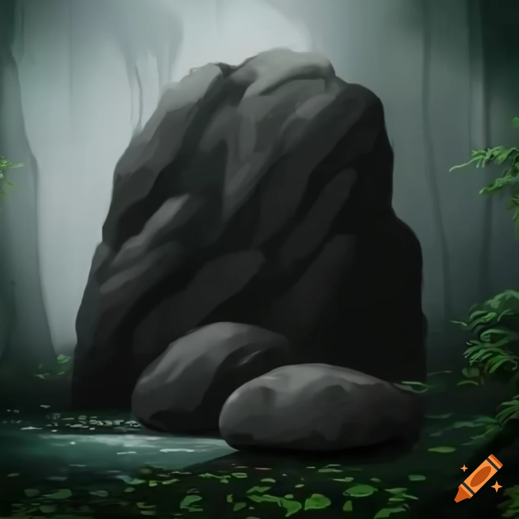 A huge gray rock in a jungle with a cartoon rendering