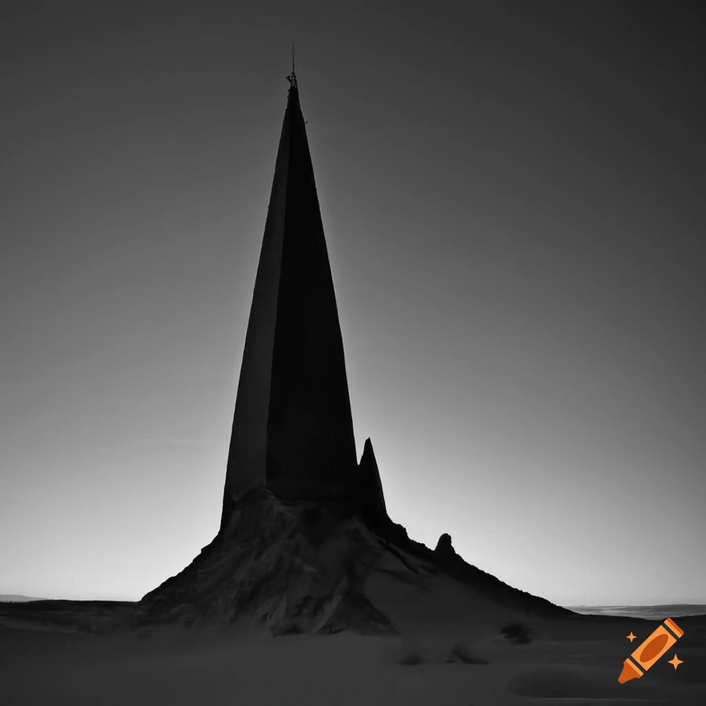 Tall pointy black tower in the desert on Craiyon