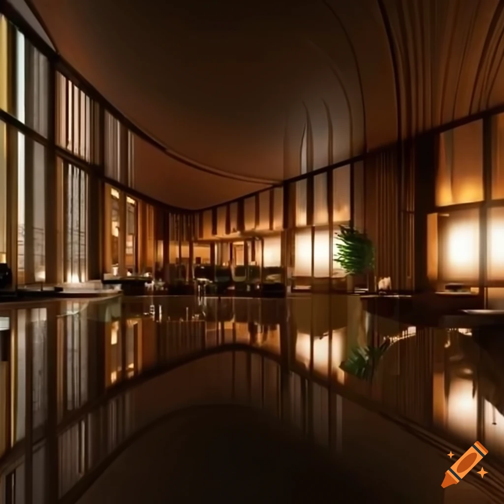 A realistic render of a modern hotel lobby that looks light and bright