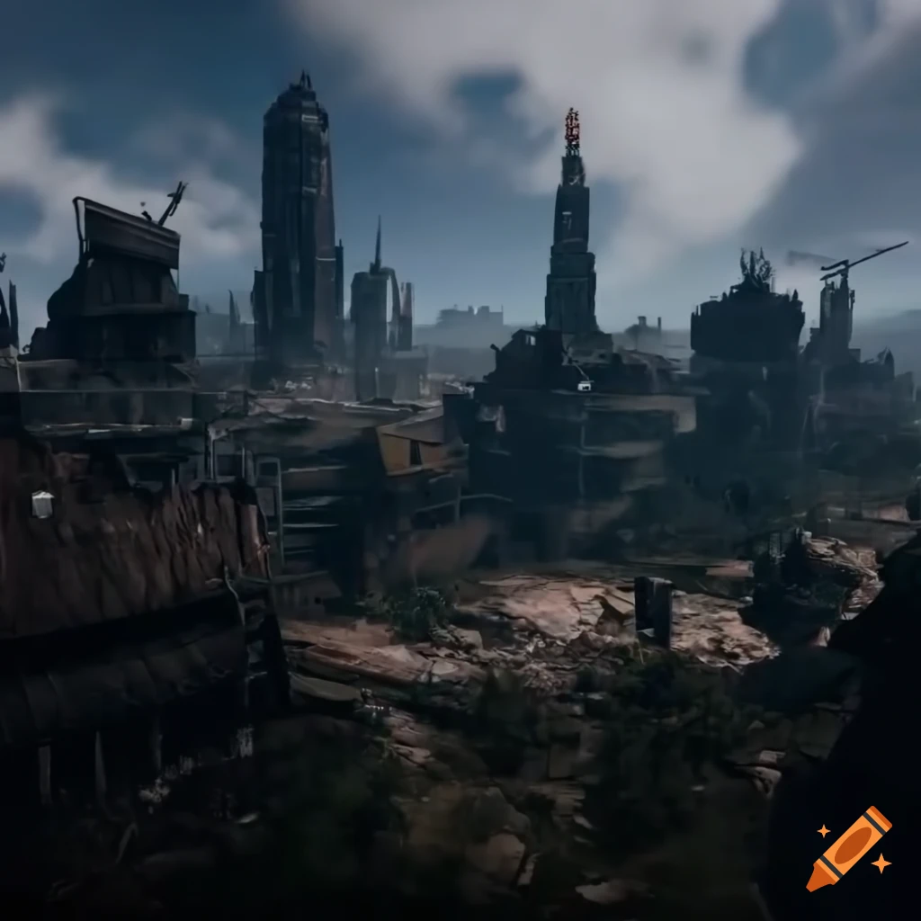 Unreal engine 5 aerial view of battle of destroyed suburb with sci-fi ...